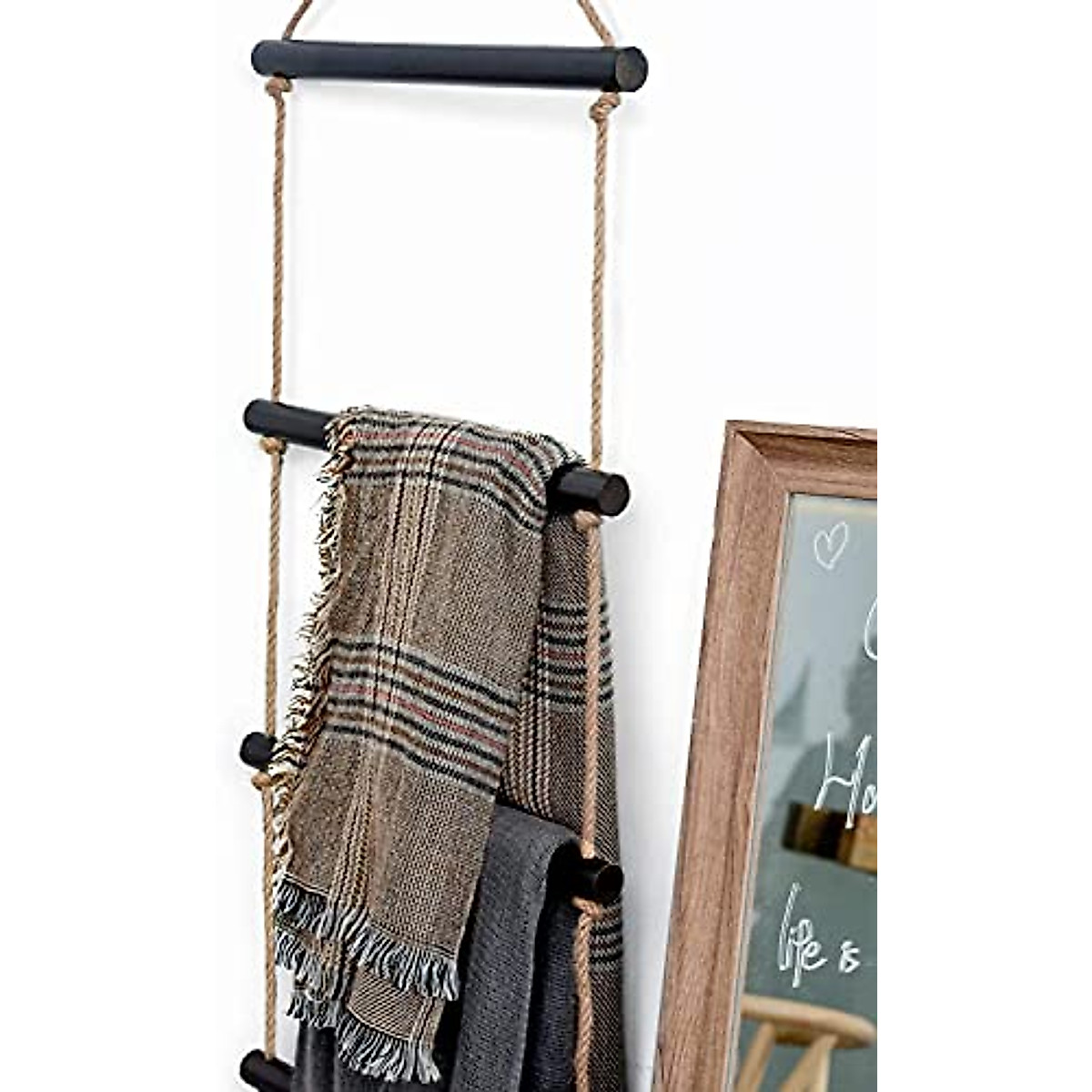 Dahey Blanket Ladder Scarf Holder Rack, Bath Towel Rack Bar Storage Ladder Wood Wall Hanging Living Room Scarf Ladder Rustic Home Decor Ladder,Black