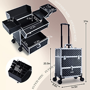 Adazzo Professional Rolling Makeup Case for Makeup Artists Multi-functional Cosmetic Train Case Large Storage Case for Nail Technicians Cosmetology Case with Compartments for Hairstylist