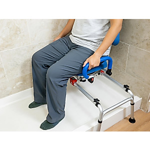 iLIVING ILG-668 Tub Transfer Bench Shower Chair for Inside Shower with Easy Access Swivel Padded Seat and Pivoting Arms, and Adjustable Height for Handicap and Seniors, Blue