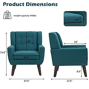 UIXE Accent Chairs Set of 2, Modern Living Room Arm Chair Button Tufted Armchair, Comfy Upholstered Club Lounge Sofa Seat Reading Chair Bedroom Side Seating for Home Office (Turquoise Blue)
