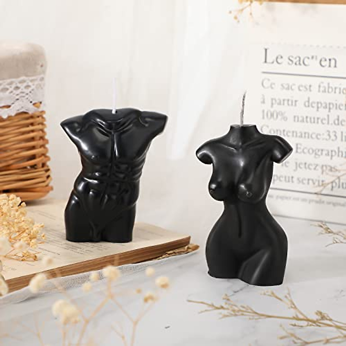 2 Pieces Body Shaped Candle Female Body Candle Men Torso Candle Soy Wax Scented Candle Scented Candle Male Body Candle Decorative Candle for Bedroom Bathroom Wedding (Black)