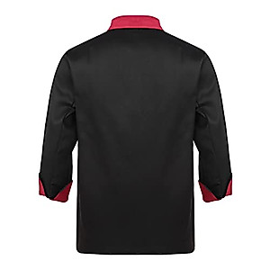 iiniim Unisex Chef Coat Women Men Short&Long Sleeve Chef Jacket Double-Breasted Kitchen Cooking Chef Uniform Black Red Cuffs Medium