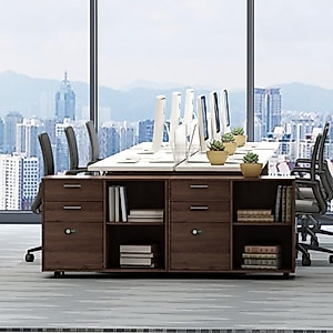 TRIPLE TREE 3-Drawer File Cabinet with Coded Lock, Printer Stand with Open Storage Shelves and 5 Universal Wheels, Mobile Lateral Filing Storage Cabinet for Home Office, Brown Oak