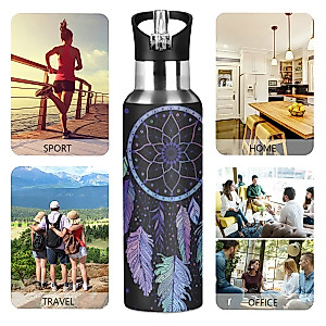 Yasala Water Bottle Dream Catcher Purple Feather Coffee Thermos Stainless Steel Insulated Beverage Container 20 oz with Straw Lid BPA-Free for Sport, Travel, Camping, Back to School