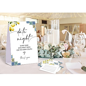 Blue Tiles and Lemons Date Night Game, Date Night Ideas Sign with 50 Cards, Bridal Shower Game, Modern Bridal Shower Decorations, Wedding Date Night Advice - 02