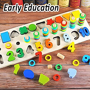 CozyBomb Wooden Number Puzzle Sorting Montessori Toys for 1 Year Old Toddlers - Shape Sorter Counting Game for age 3 4 5 year olds - Preschool Education Math Stacking Block Learning Wood Chunky Jigsaw