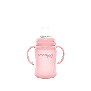 everyday baby Glass Sippy Cup with Silicone Sleeve, Spout, Drinking Handles, and Protective Cap - 150ml (5oz) - Rose Pink (for babies 6 months and up)