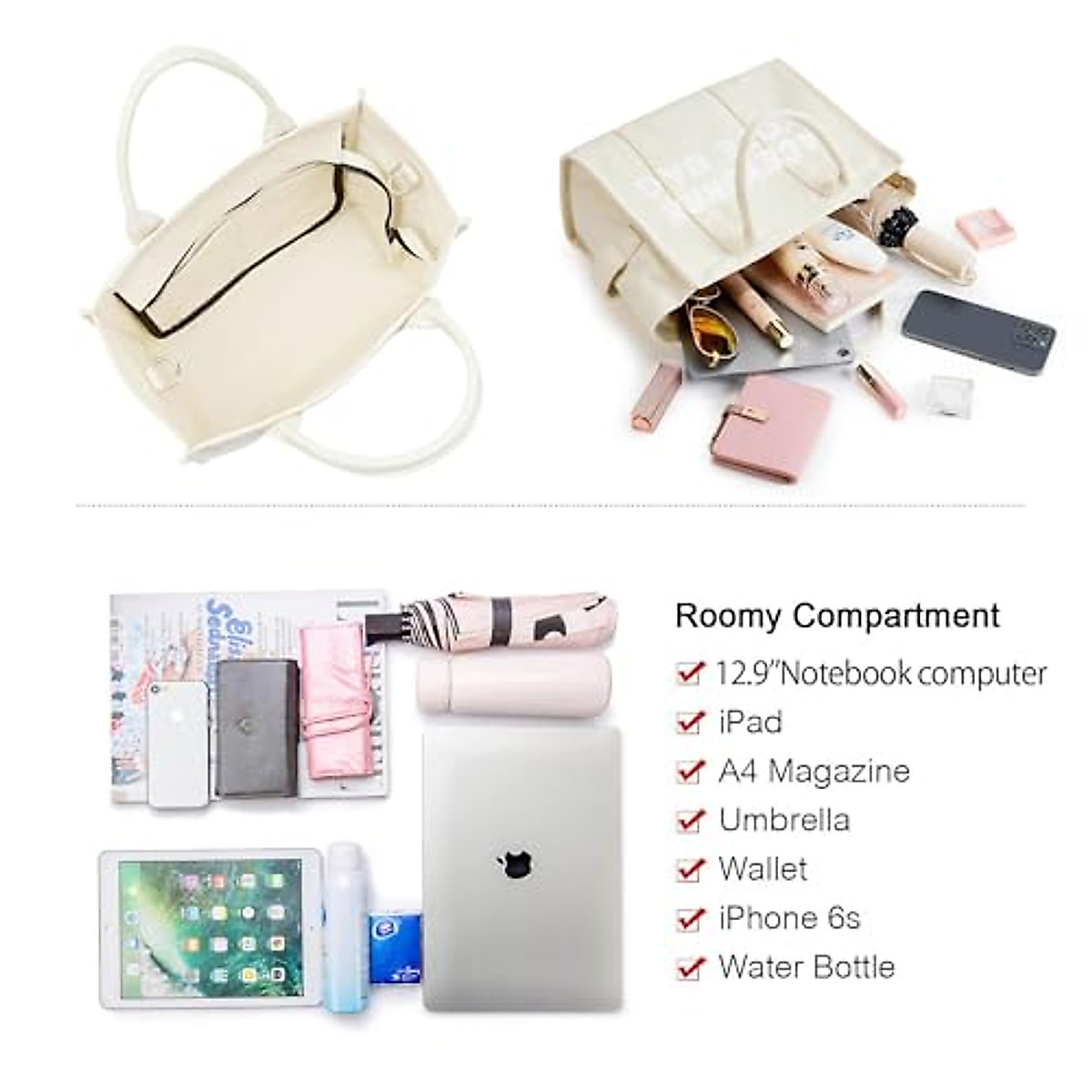 The Medium Tote Bag for Women, Canvas Crossbody Purse Handbag Bags with Zipper for Work, School, Travel(White)