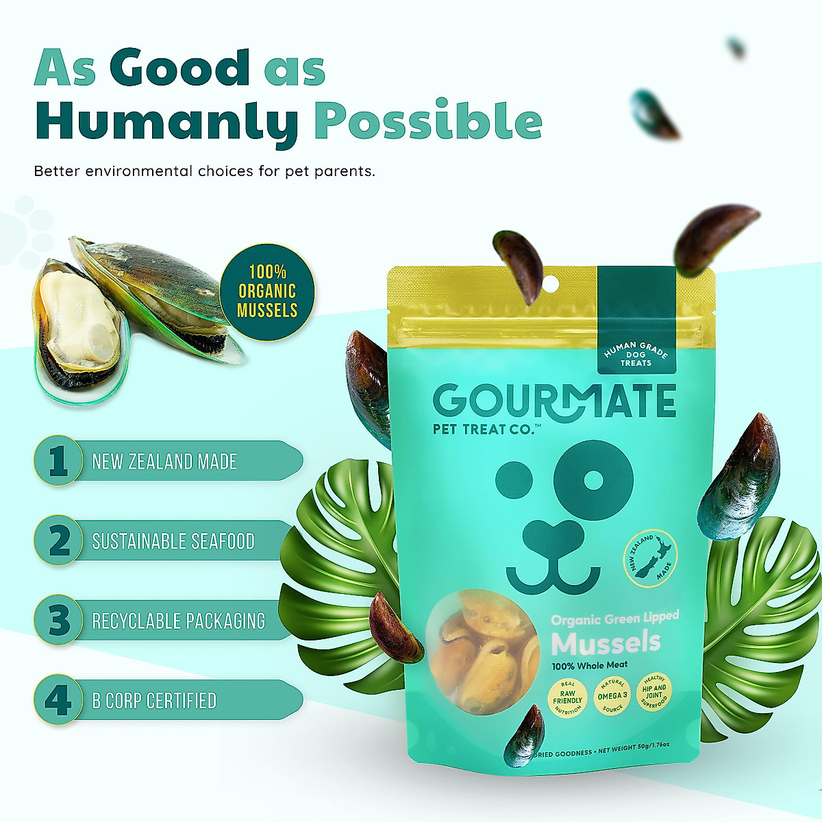 Green Lipped Mussels for Dogs - Human Grade Dog Treats - 100% Natural, Freeze Dried Snack with Omega-3, Glucosamine & Chondroitin for Healthy Coat & Joint Support - 50g/1.76oz