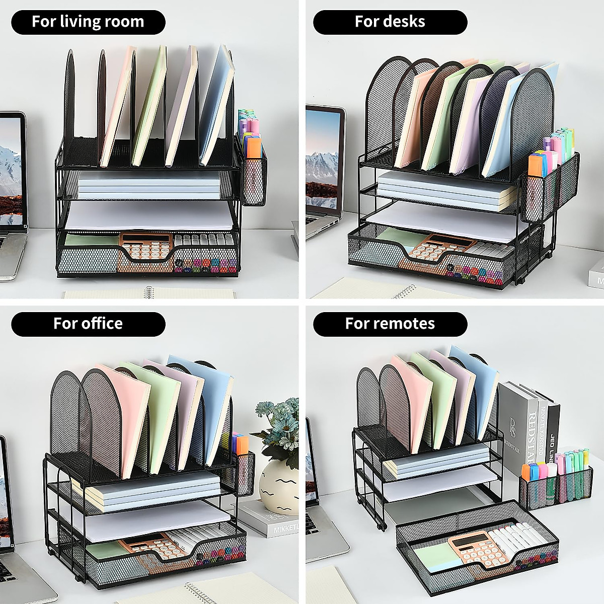 ORDROLL Desk Paper Organizers and Accessories - 4-Tier Paper Letter Tray Organizer with File Holder,Drawer and 2 Pen Holders,Desk Accessories & Workspace Organizers for Office,School,Home (Black)