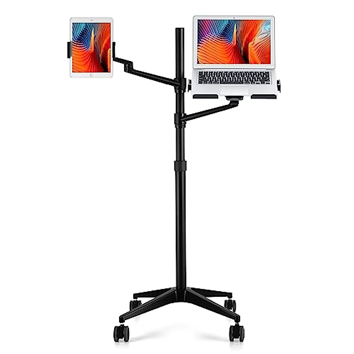 viozon Tablet and Laptop Floor Stand, 2-in-1 Rolling Adjustable Dual arm, Compatible with 4.5~13'' Phone and Tablet Compatible with iPhone, iPad Pro, iPad, Extra Tray Fits 12 to 17'' Laptop/Notebook(B