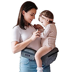 FLEEROSE - CPC-Certified Hip Seat Baby Carrier - New Ergonomic Bench Design, Multiple Pockets & Lumbar Support & Breathable Materials for Newborns & Toddlers, All Seasons & 4 Positions (Carrier, Grey)