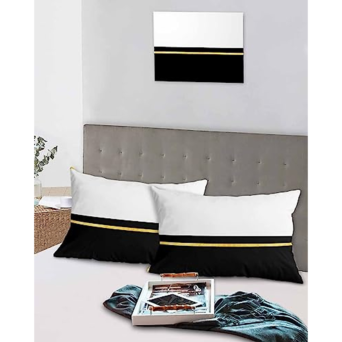 Edwiinsa Black White Pillow Covers King Standard Set of 2 20x36 Bed Pillow, Luxury Yellow Lace Modern Abstract Art Aesthetics Plush Soft Comfort for Hair/Skin Cooling Pillowcases with Envelop Closure