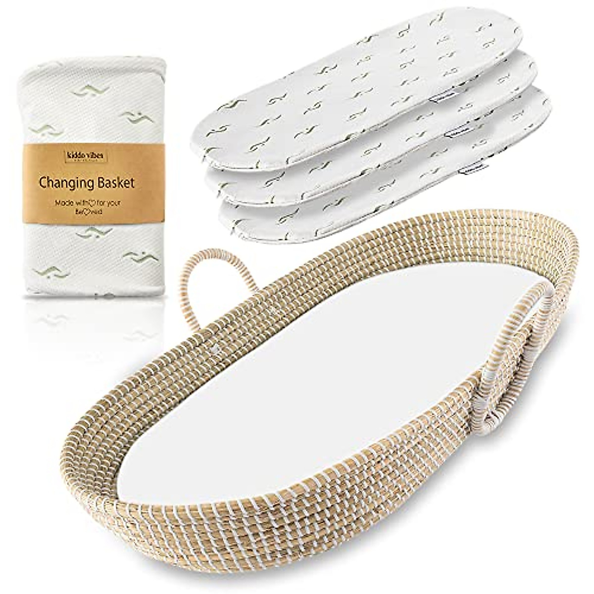 KIDDO VIBES Handwoven Baby Changing Basket with Pad & 3 Waterproof Bamboo Jacquard Covers - Multifunctional CPSC Compliant Organic Seagrass Baby Moses Basket with a Soft Thick Waterproof Changing Pad