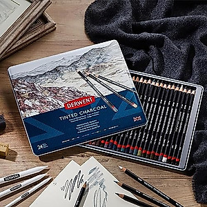 Derwent Tinted Charcoal Pencils, 4mm Core, Metal Tin, 24 Count (2301691)