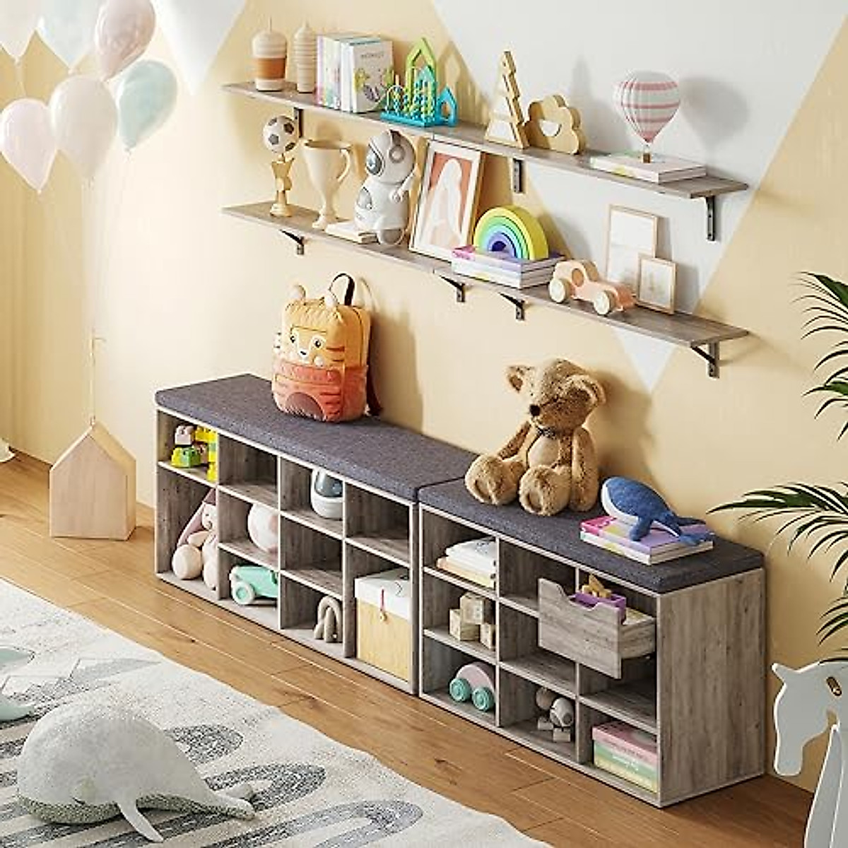 DINZI LVJ Shoe Bench,Entryway Storage Bench with Drawer and 8 Cubbies,Cubby Rack Adjustable Shelves,Shoe Organizer Cabinet for Living Room,Bedroom,Mudroom,Closet Garage,Greige (M04XD01XY01-1)