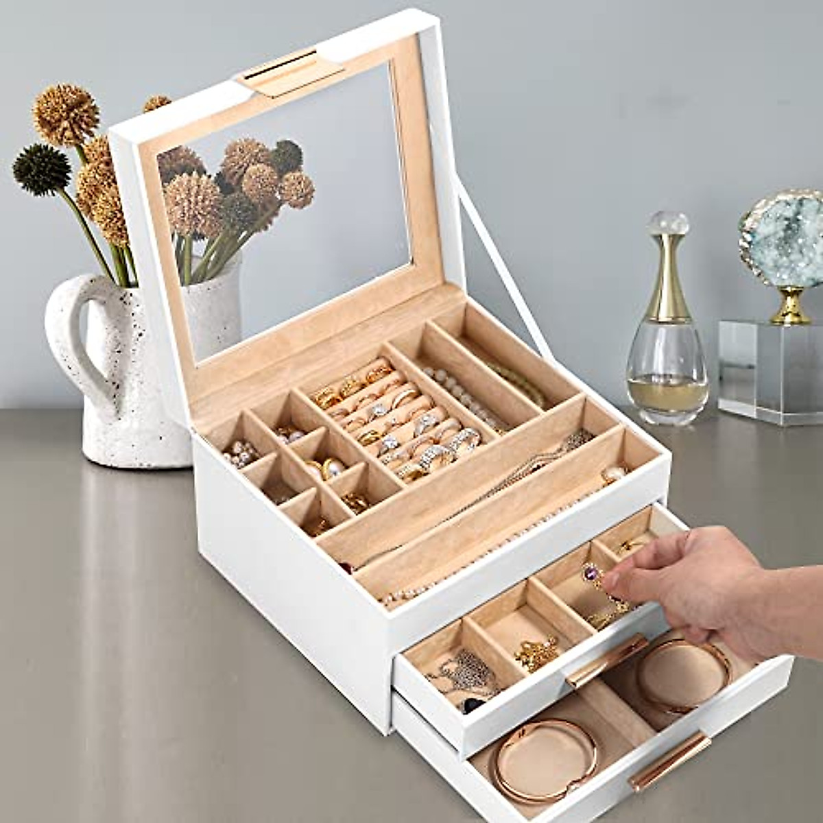 Zglori Jewelry Box, 3 Layers Jewelry Organizer with Glass Lid, 2 Drawers Jewelry Storage Case Holder for Women, Girls