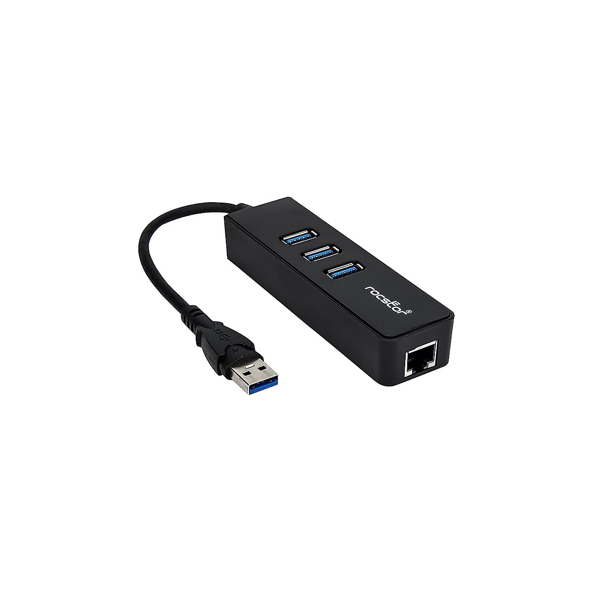 Rocstor Y10A179-B1 Premium 3 Port Portable USB 3.0 Hub with Gigabit Ethernet 10/100/1000– External Portable 3 Port USB Hub with GbE Adapter - Built-in Cable - USB, Black