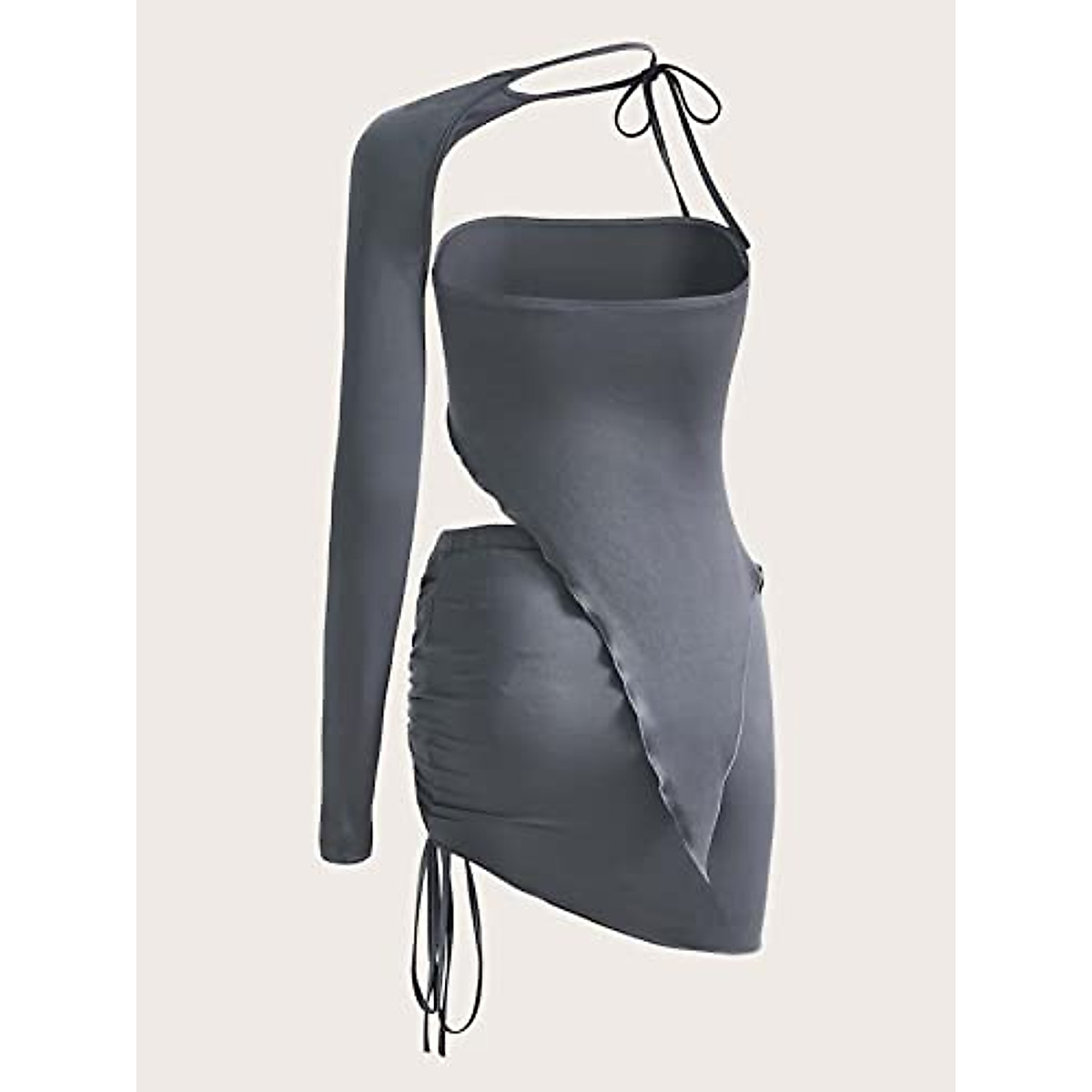 Verdusa Women's 3 Piece Outfit Y2K Tube One Shoulder Top Shrug and Drawstring Ruched Bodycon Mini Skirt Sets Dark Grey XS