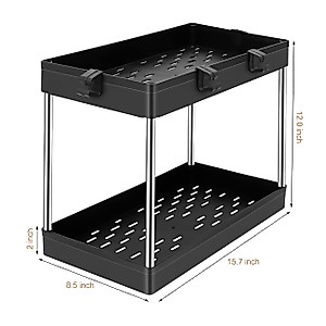 Piashow Under Sink Organizer, 2-Tier Under Sink Storage Organizer, Bath Collection Basket with 4 Hooks, Multi-purpose Bathroom Standing Rack, Storage Shelf for Kitchen (Black)