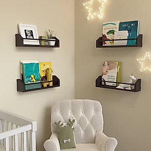 WOPITUES Floating Shelves with Protective Metal Rail, Small Bathroom Shelves Set of 4, Spice Rack Wall Mount, Wood Shelves for Kitchen, Living Room, Bedroom, Nursery Book- Dark Brown