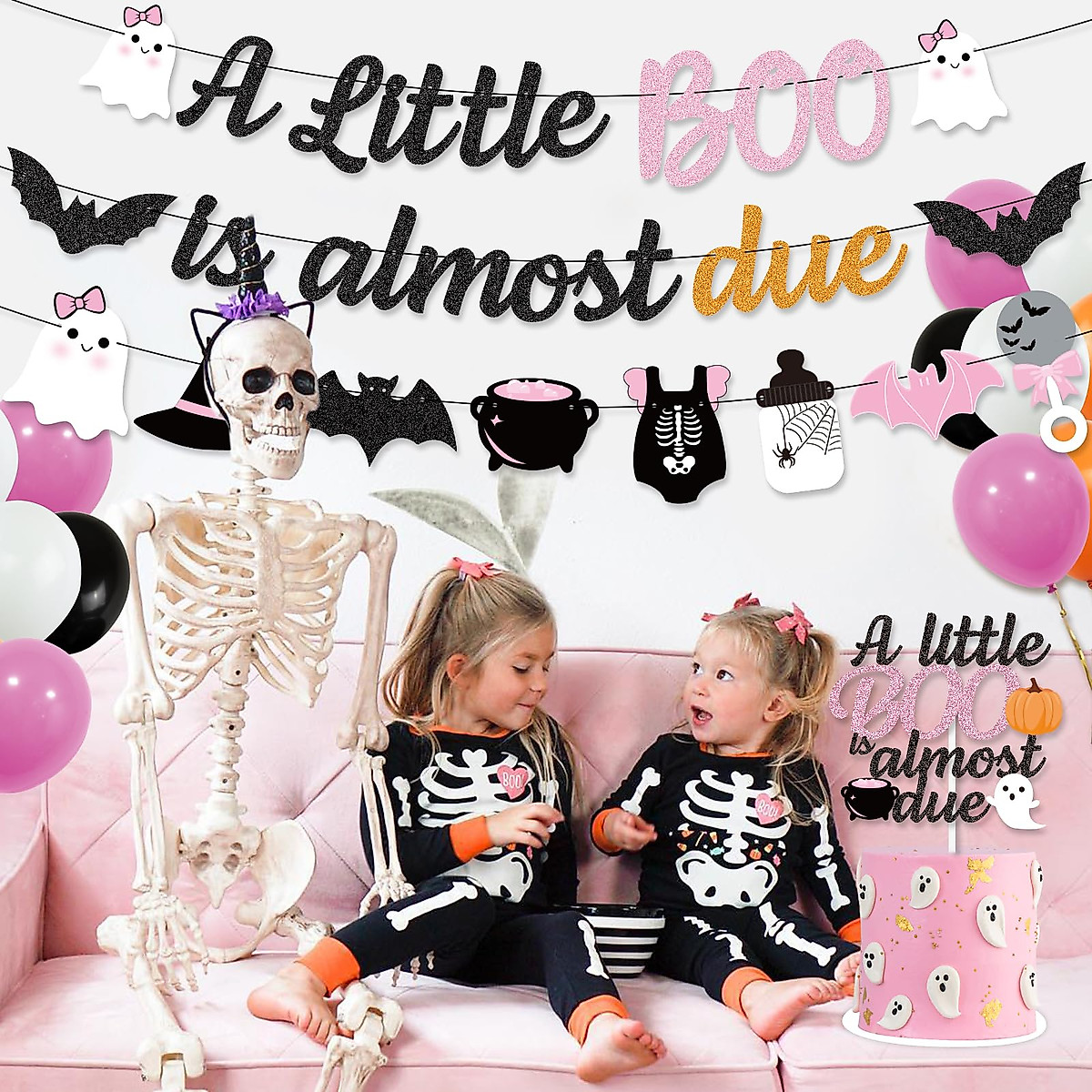 K KUMEED Pink Orange Halloween Baby Shower Decorations, A Little Boo is Almost Due Banner,Cute Ghost Baby's Bottle Cake Topper and Latex Balloons for Girls Little Boo Baby Shower Party Supplies