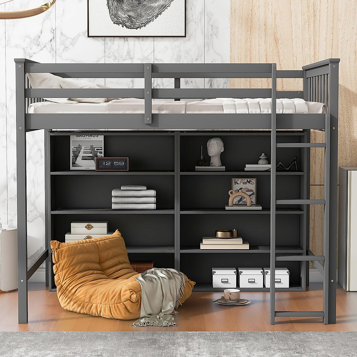 Harper & Bright Designs Twin Size Loft Bed with Storage, Wooden Loft Bed Frame with 8 Open Storage Shelves and Built-in Ladder, Gray