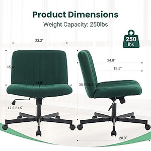 HoeuThien Green Desk Chair with Wheels Criss Cross Seat Home Wide Armless Office Computer Chair Adjustable Swivel Side Vanity Chair Dark Green for Girls