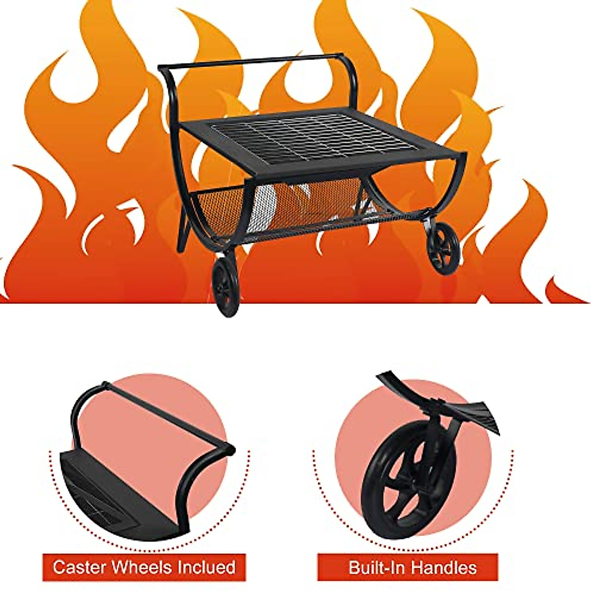 HARBOURSIDE Patio 27 Inch Fire Pits Outdoor Wood Burning with Wheels, Steel Square Firepit with Grill, Grate, Spark Screen, Fire Poker, Portable Fire Pit for Outside Fireplace