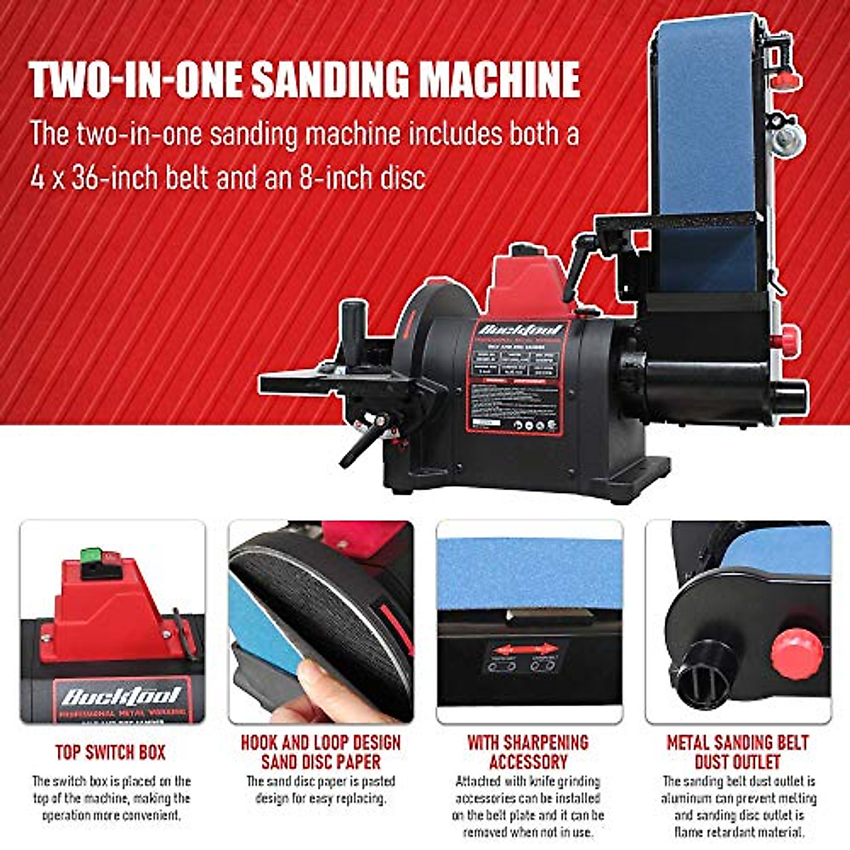BUCKTOOL Professional Bench Belt Sander for Metal 4 in. x 36 in. Belt and 8 in. Disc Sander with 1HP Direct-drive Motor, BD4802
