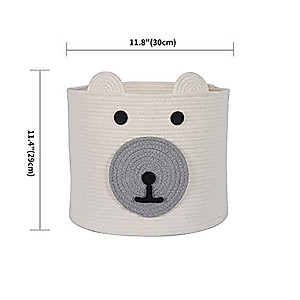 InfiBay Cotton Rope Storage Basket with Cute Bear Design, Woven Laundry Basket with Handles, Baby Nursery Organizer for Toys, Blanket, Clothes, Towels, 12”(D) x 11”(H)