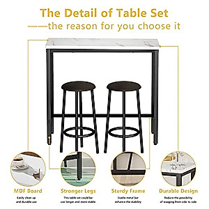 LinkRomat Bar Table Set, 3 Piece Modern Kitchen Pub Table, Small Dining for 2, and Chairs, Height with 2 Round Stools, Room Set Space, White, 39.4 x 15.8 35.4''