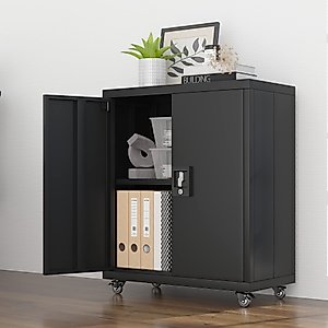 GEDELITE Metal Storage Cabinet with Wheels, Mobile Metal Cabinet, Steel Storage Cabinet with Adjustable Shelve and Locking Doors for Home and Office, Black
