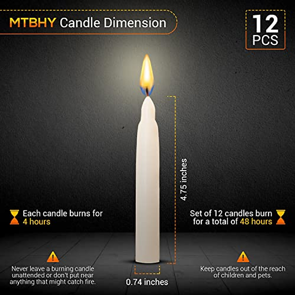 MTBHY Taper Candles Pack of 12- 5 inch Long Dinner Candles Set-unscented Household Candle Set-White Candles with smokeless Flame-Emergency Candles with 4 Hours Long Burn time