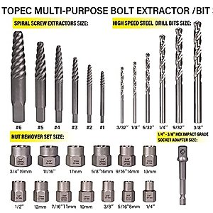 TOPEC Screw Extractor Set, 26 Piece Bolt Extractor Kit and Left Hand Drill Bit with Hex Adapter, Easy Out Stripped Lug Nut Remover Socket for Stripped, Damaged, Rounded-Off, Rusted Bolts, Nuts&Screws