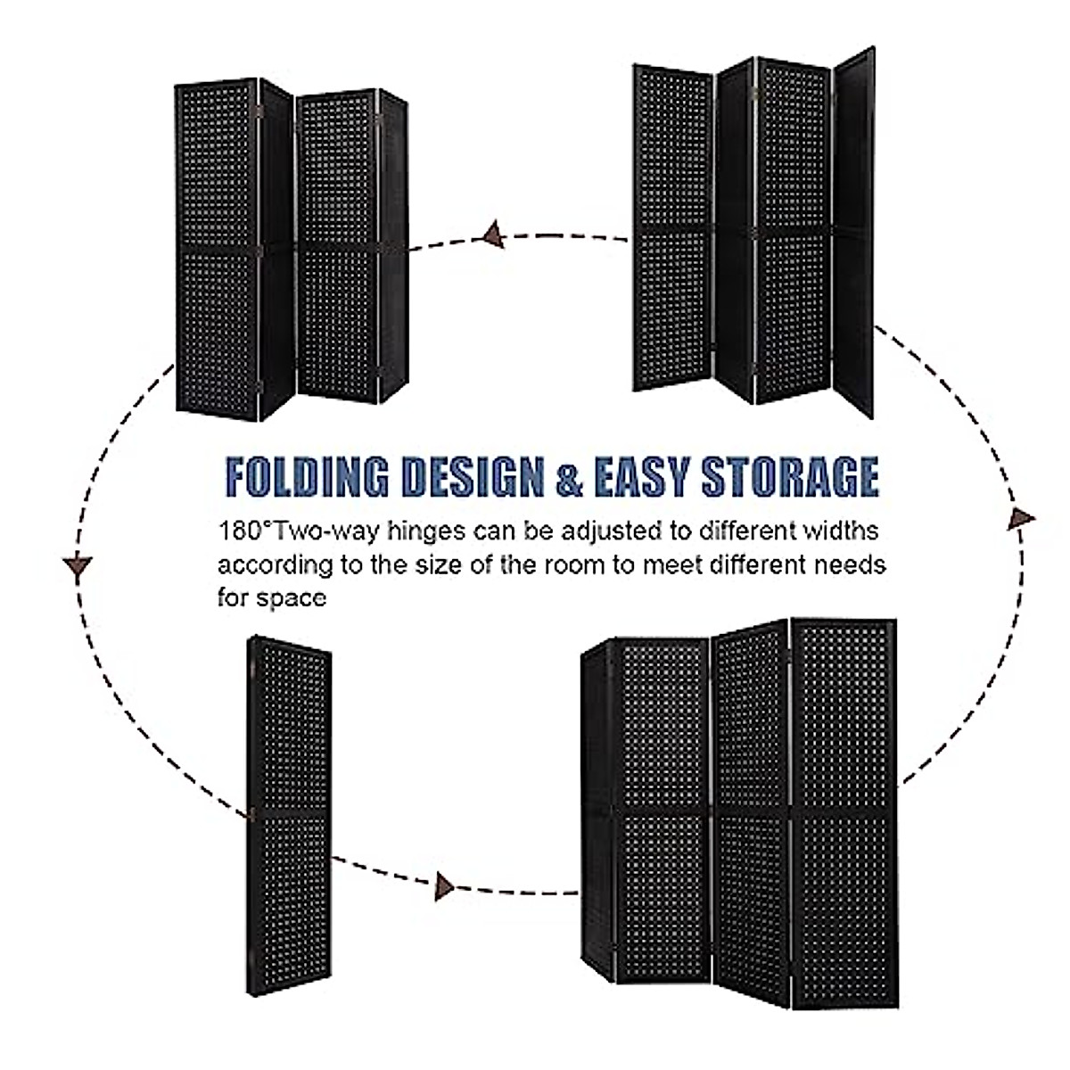 JVVMNJLK 4-Panel Pegboard Display Room Divider, Wood Folding Privacy Screen Freestanding Display Board Organizer for Retail, Craft Show, Art Display，Black