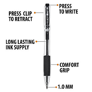 Inc. ClipClicks Retractable Ballpoint Pens - Bulk 1.0-mm Medium-Point Pen Set With Comfort Grip for School, Office, Writing, and Journaling, 50 Count, Black