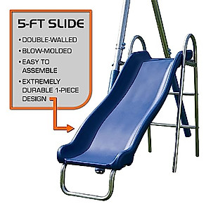 The Swing Company TSC-1023G Reese Galvanized Metal Swing Set: 5ft Slide, 2 Swings, Padded Saucer Swing and Anchor Kit, Capacity 500lb (5 Kids, Aged 3-8), Blue/Yellow