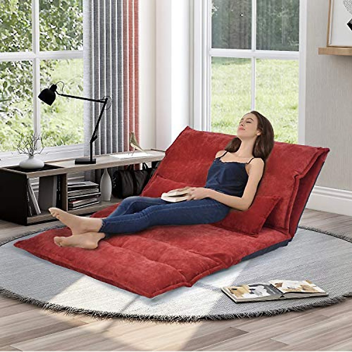 SYING88 Lazy Floor Sofa Adjustable Folding Futon Sofa Video Gaming Sofa with Two Pillows，Sleeper Bed Couch for Adults，for Bedroom Living Room Reading Gaming Small Spaces Apartment (Red)