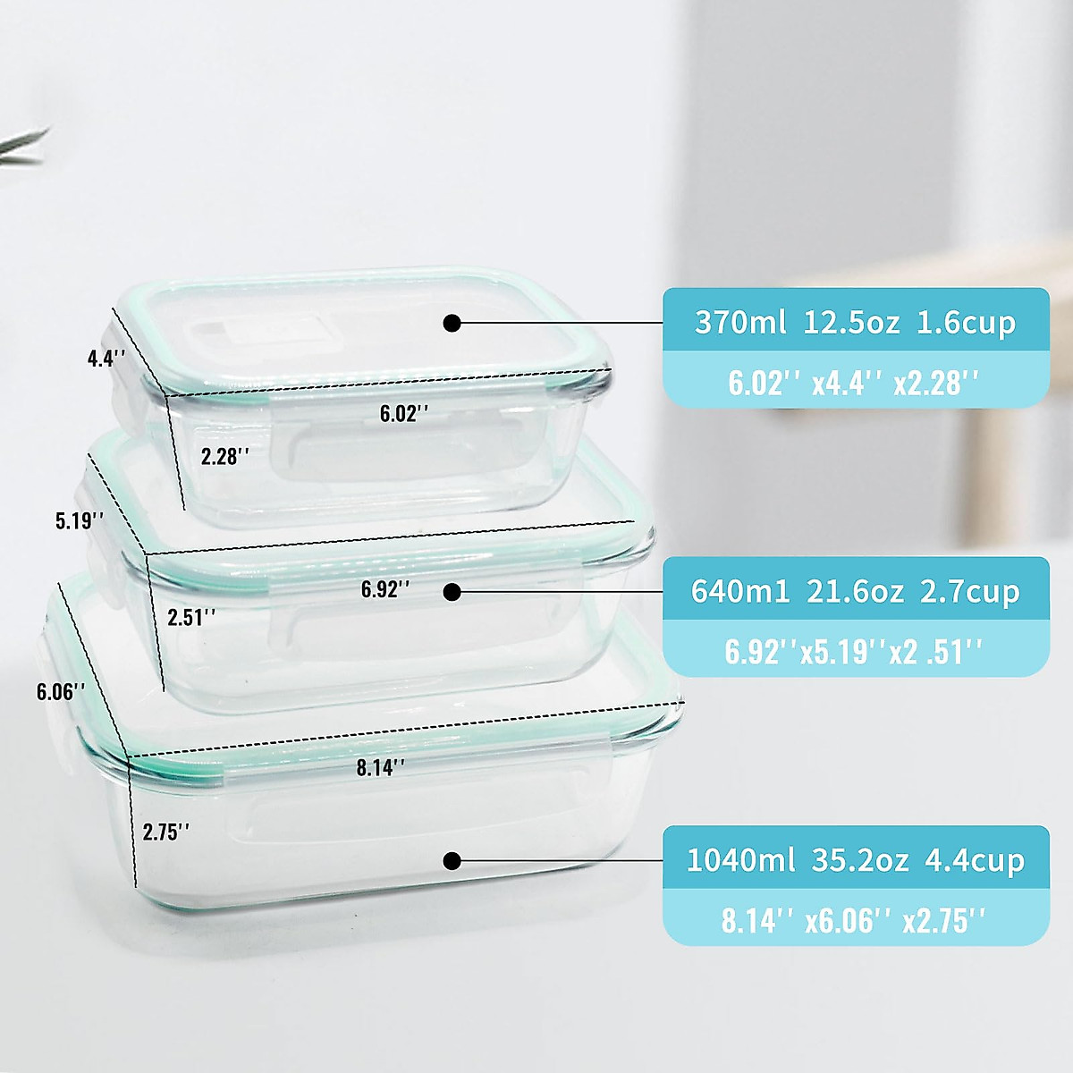 Pmssypl 3 Piece Glass Food Storage Container Set Sealed Reusable Pantry Kitchen Storage Container Glass Lunch Prep Container Lunch Box, Microwave, Refrigerator and Dishwasher.