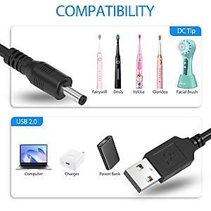 Charger Cable for Fairywill Sonic Electric Toothbrush FW917 SG508 FW508 FW507 FWP11 FWD1 FWD3 FWD7 FWD8 FWE11 FWT9 P11,Dnsly,Vekkia,Gloridea,Mornwell,Power Supply Electric Toothbrush Charging Cord