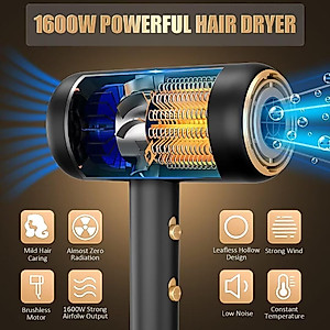 1600W Ionic Hair Dryer, Professional Negative Ion Hair Blow Dryer with Diffuser &2 Nozzles for Curly Hair, Powerful AC Motor, 3 Heating/2 Speed/Cold Settings for Women Men Kids Salon