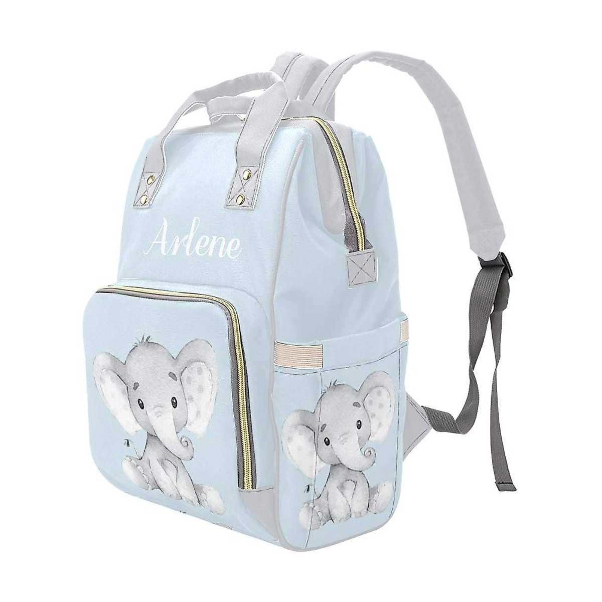 Yeshop Cute Little Elephant Blue Personalized Diaper Bag Backpack Tote with Name,Custom Travel Nappy Mommy Bag Backpack