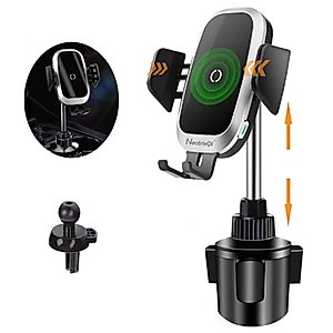 Wireless Car Charger, Cup Holder Phone Mount, Auto Clamping Charging Car Mount for iPhone 16 Pro Max, Samsung Galaxy S24 Ultra(Air Vent Included)