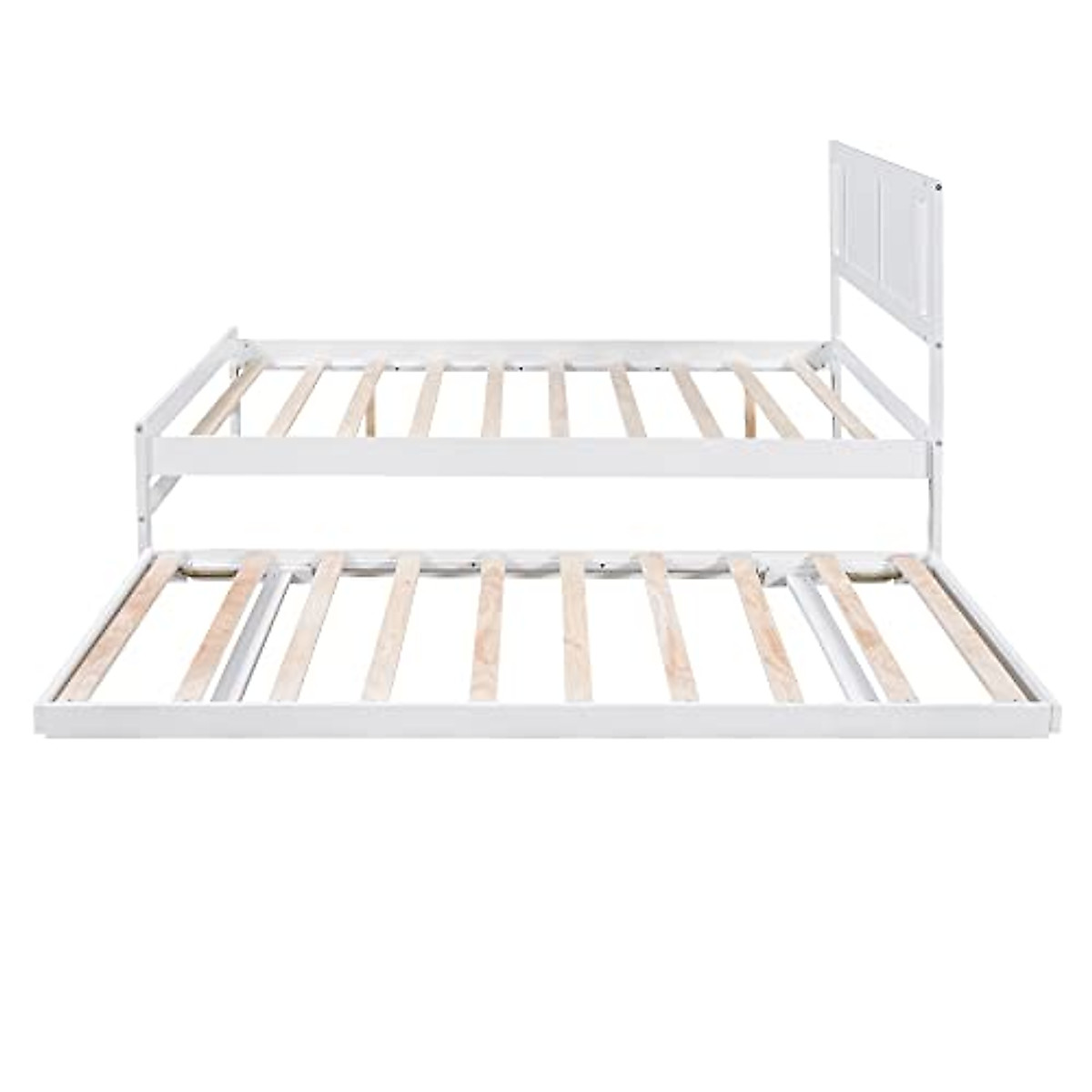 Morhome Full Size Platform Bed with Adjustable Trundle, Wooden Bed Frame with Headboard for Kids Teens Adults