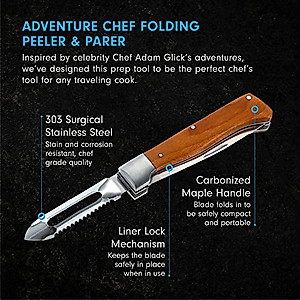 Messermeister Adventure Chef Folding Peeler & Parer - Includes Full-Sized Paring Knife, Peeler & Scaler - 303 Stainless Steel & Carbonized Maple Handle