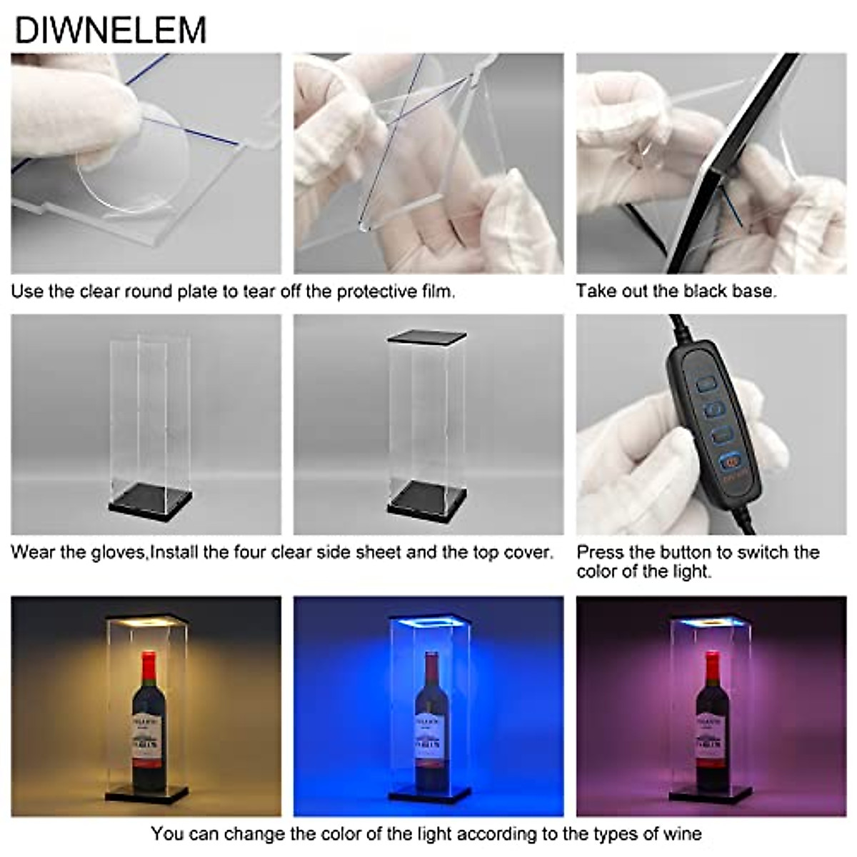 DIWNELEM Acrylic Wine Bottle Display Case with LED Light Display Stand Wine Display Case Protector Dustproof for Red Wine,Champagne,Liquor,Whiskey,Beer,Beverage Bottle (5 * 5 * 14.2")