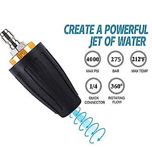 Bopopo 4000PSI Pressure Washer Turbo Nozzle Spray Tip 360° Rotating 1/4'' Quick Connect with 7 Spray Nozzle Tips Kit Multiple Degrees(0, 15, 25, 40 Degrees,Rinse*1,Soap*2) 4.0 GPM 4.0 Orifice.