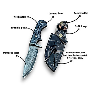 LYN-Handmade Damascus Steel Hunting Knife with Sheath Fixed Blade Damascus Hunting Belt Knife for Camping Ideal for Skinning, Camping, Outdoor - EDC Fixed Blade Bushcraft Knife Ergonomic Black wood Handle | Cool Knives For Men Tactical