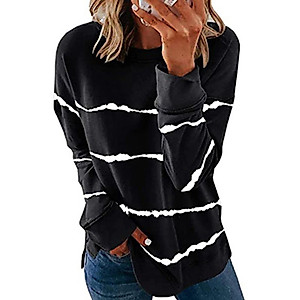 Fall Tops for Women, Women's Sweatshirts Crewneck Long Sleeve Striped Printed Loose Pullover Comfy Blouse Tunic Shirt